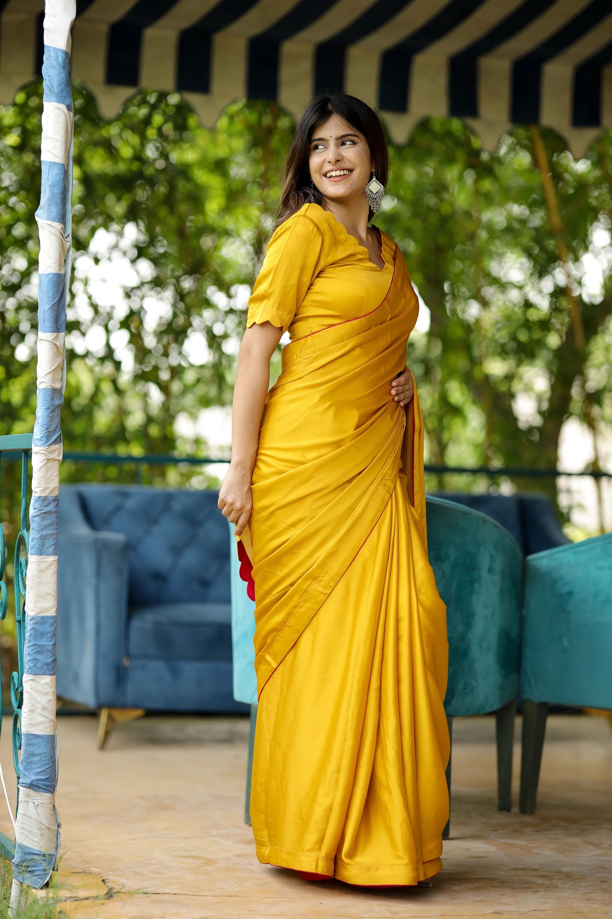Mustard Sunshine Glow Satin Saree – Rim Zim Fashion